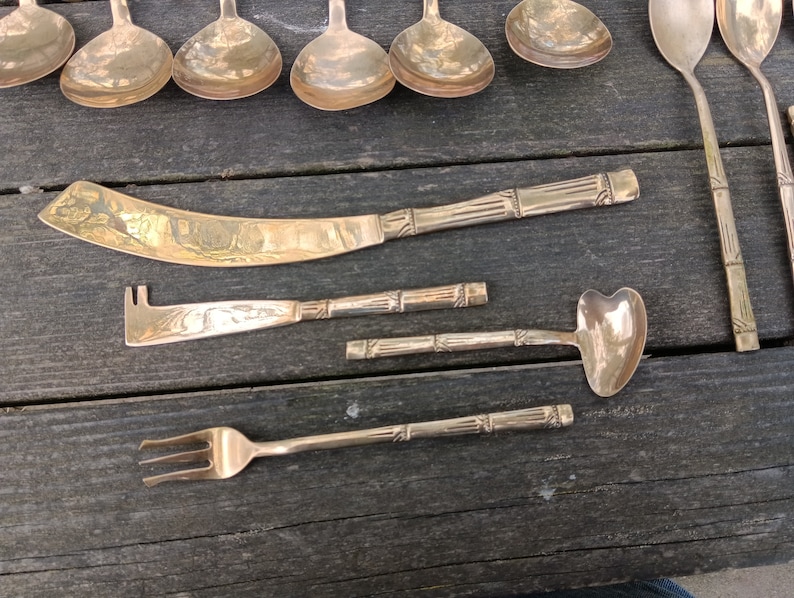 Vintage Thai Brass Flatware Set – Service for 6 – Bamboo Handle Cutlery ...