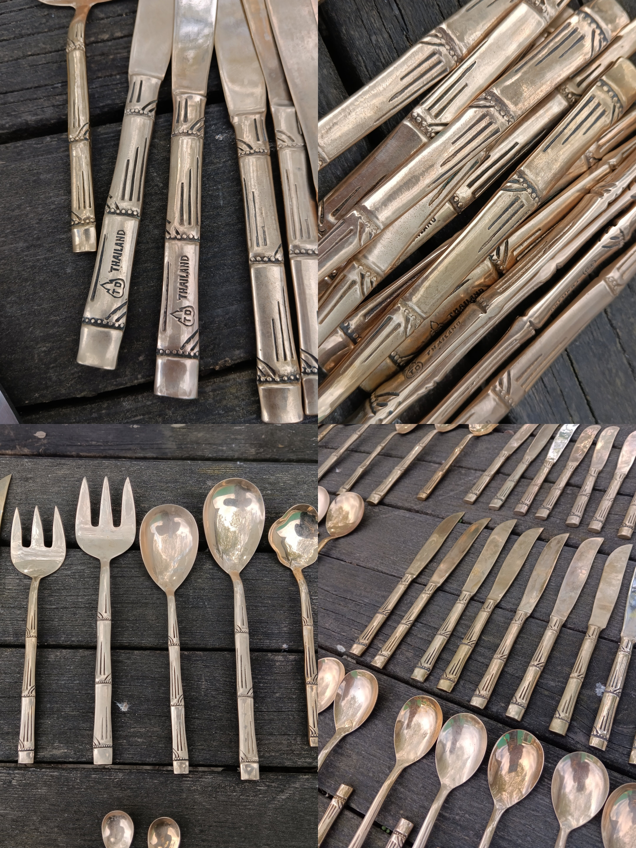 Vintage Thai Brass Flatware Set – Service for 6 – Bamboo Handle Cutlery ...