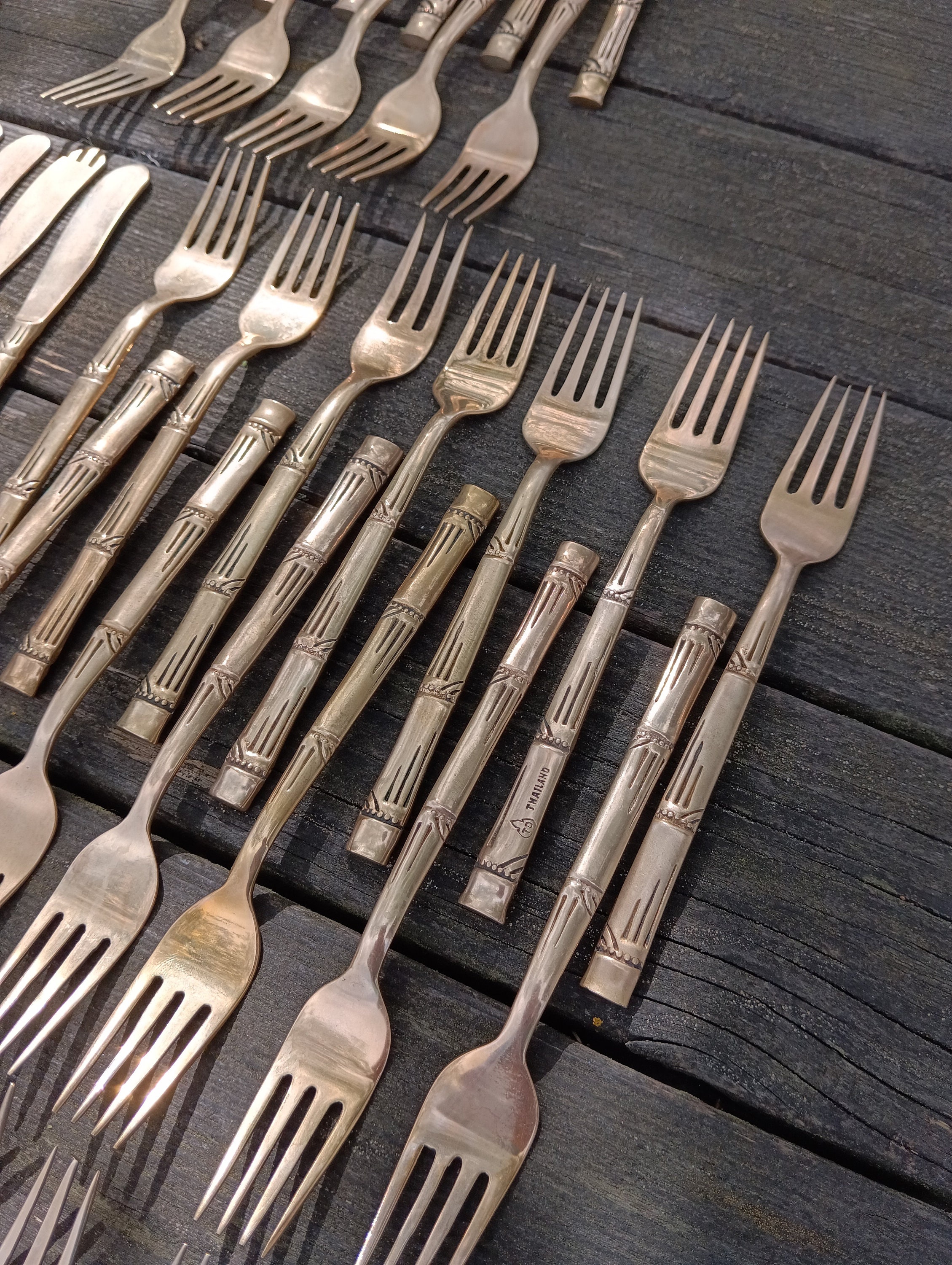 Vintage Thai Brass Flatware Set – Service for 6 – Bamboo Handle Cutlery ...