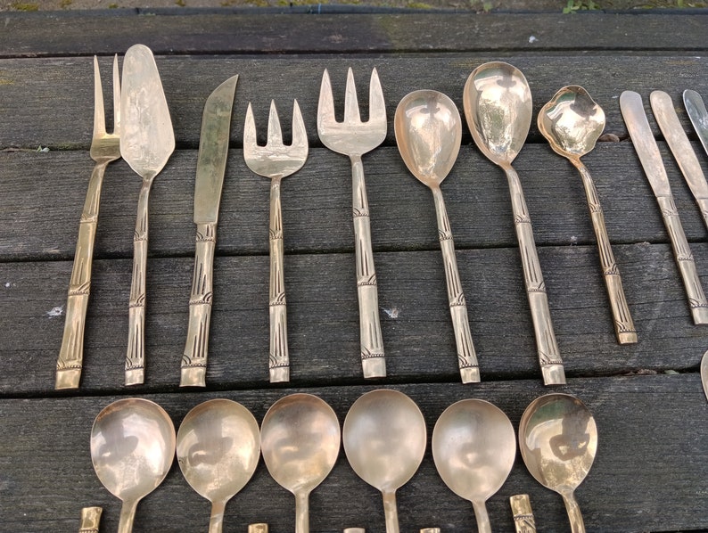 Vintage Thai Brass Flatware Set – Service for 6 – Bamboo Handle Cutlery ...