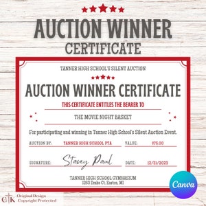 Silent Auction Winner Certificate Template | Auction Item Certificate ...