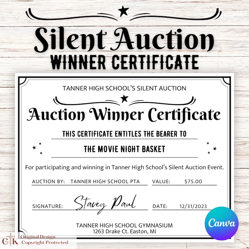 Silent Auction Winner Certificate Template | Auction Item Certificate ...