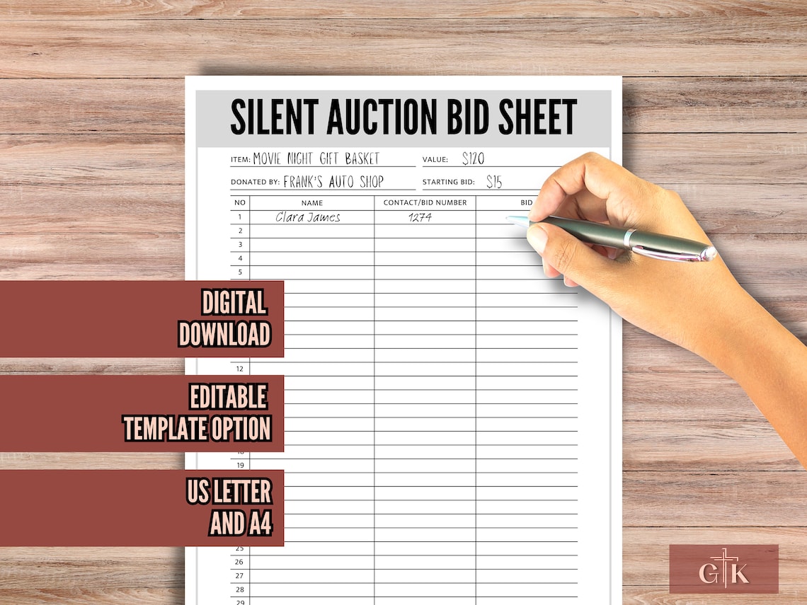 Silent Auction Bid Sheet | Silent Auction Sheet | Auction Template ...