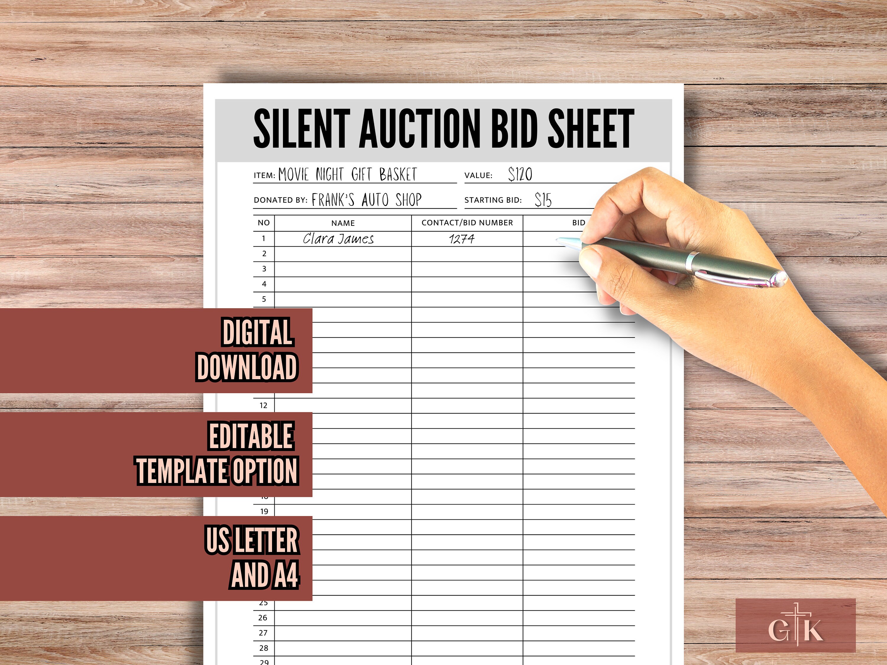 Silent Auction Bid Sheet | Silent Auction Sheet | Auction Template ...