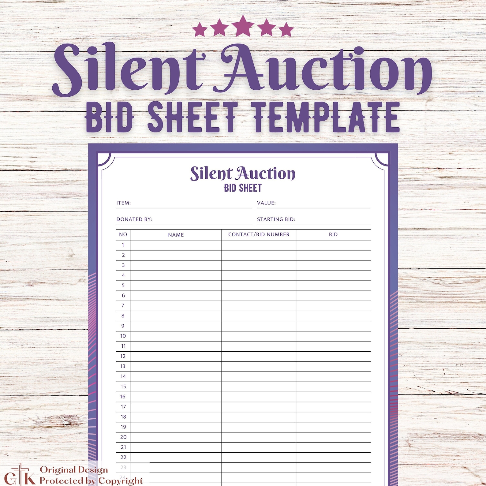 Silent Auction Bid Sheet | Silent Auction Sheet | Auction Bid Cards ...
