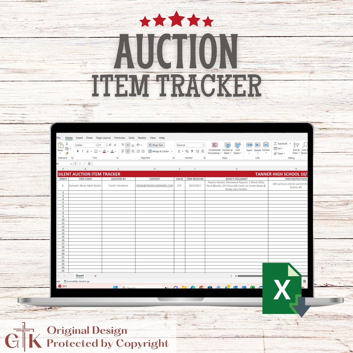 Auction Item Tracker | Silent Auction Item Spreadsheet | Silent Auction ...