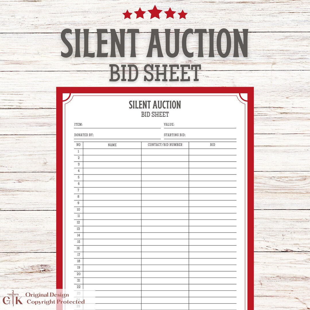 Silent Auction Bid Sheet | Silent Auction Sheet | Auction Bid Cards ...