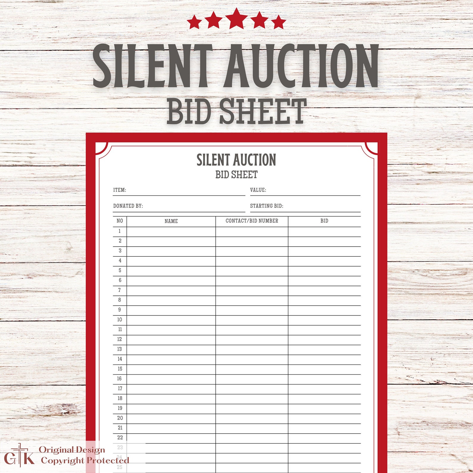 Silent Auction Bid Sheet | Silent Auction Sheet | Auction Bid Cards ...
