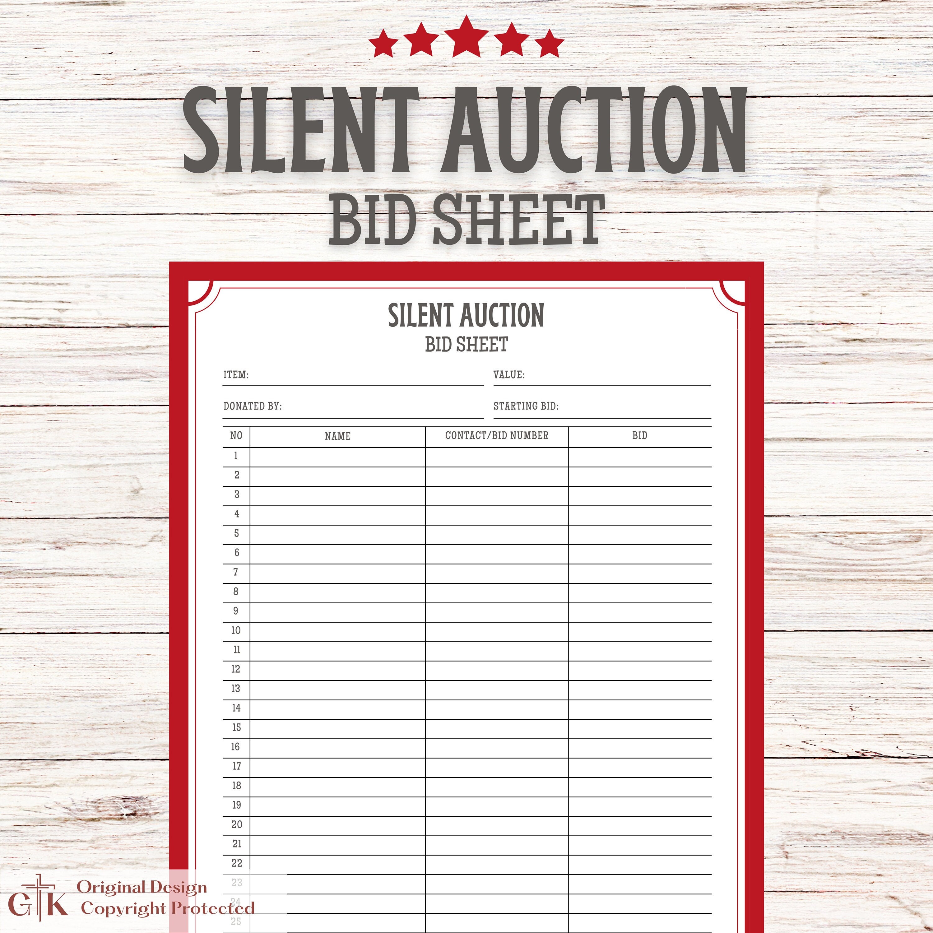 Silent Auction Bid Sheet | Silent Auction Sheet | Auction Bid Cards ...