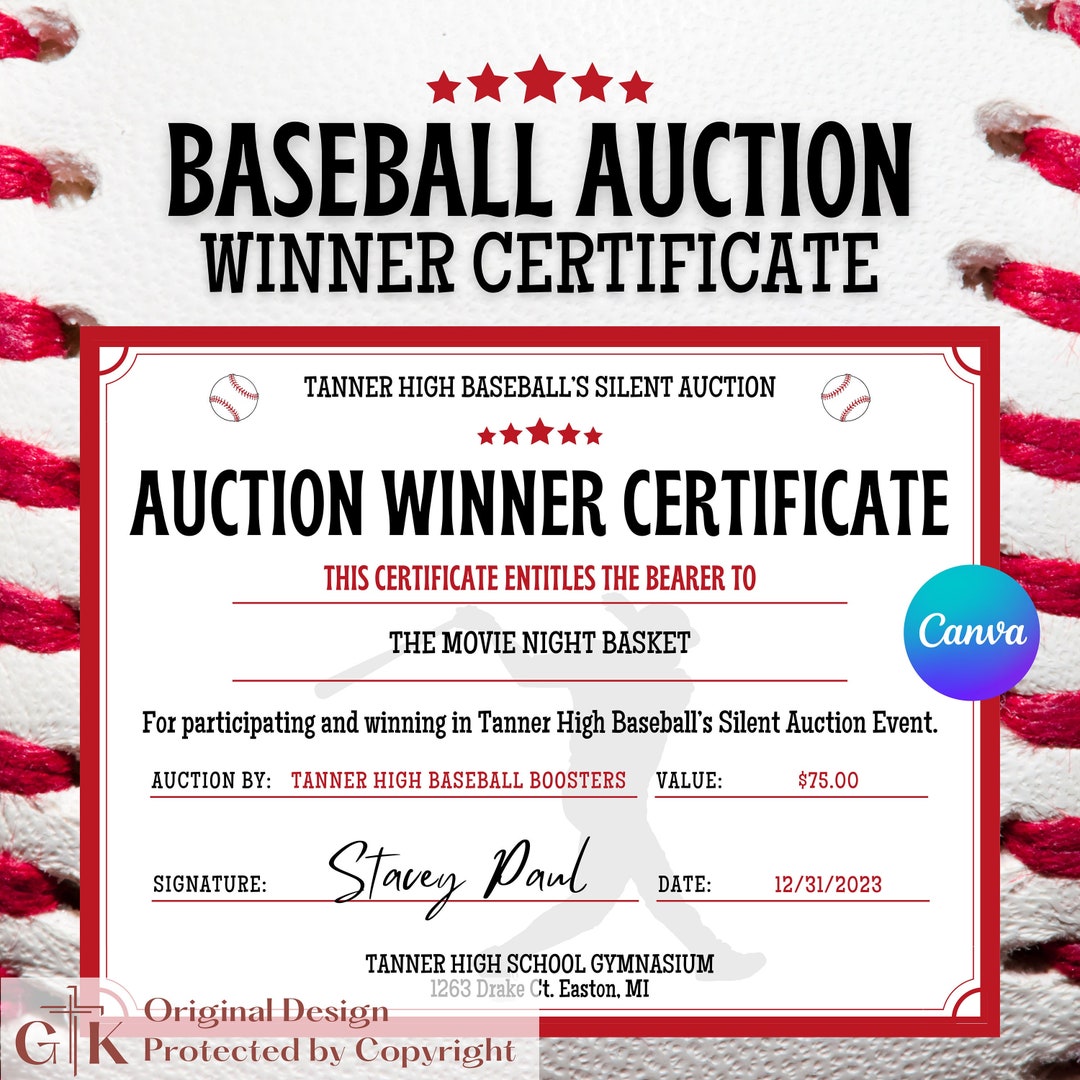 Baseball Silent Auction Winner Certificate Template | Certificate ...