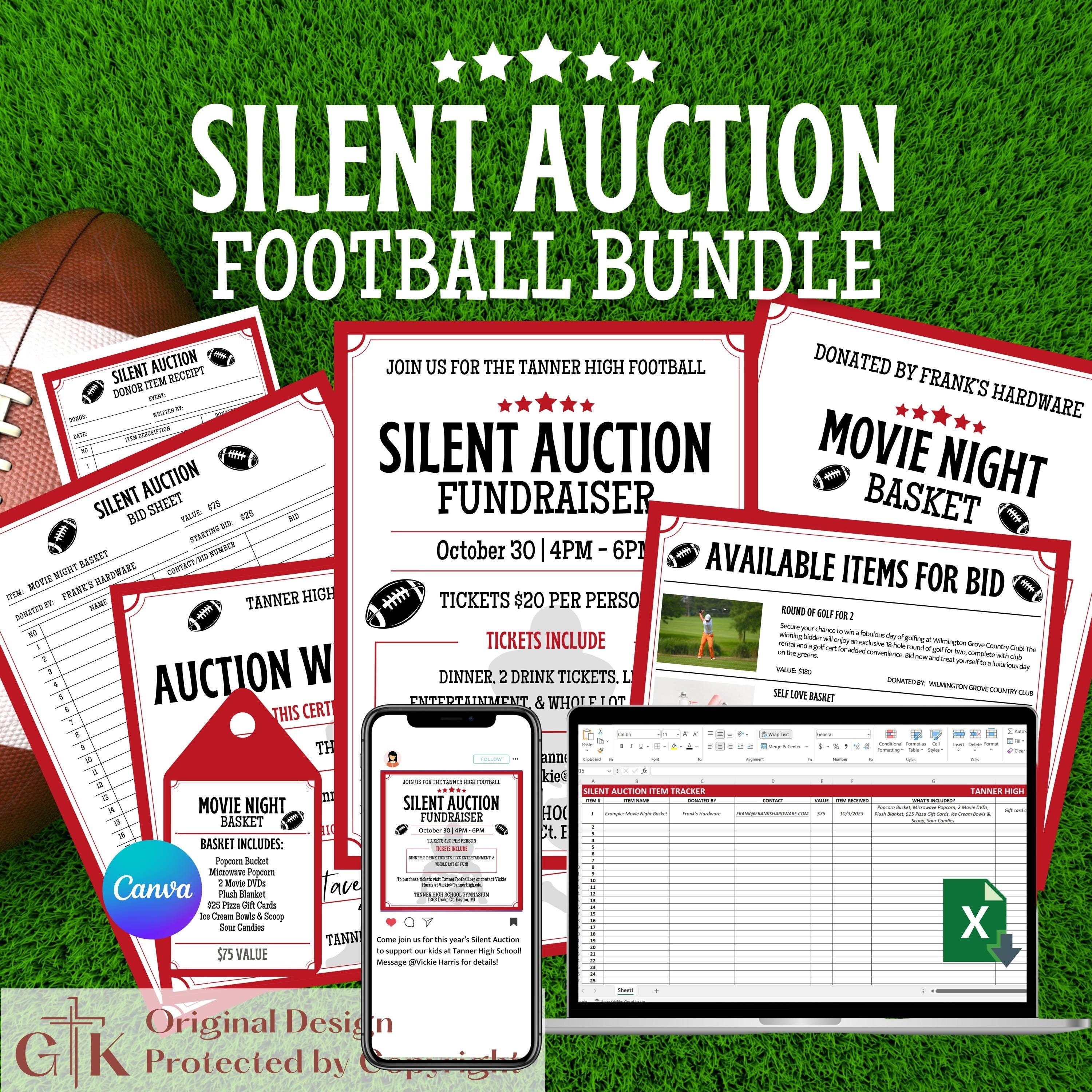 Football Silent Auction Editable Forms | Silent Auction Bid Sheet ...