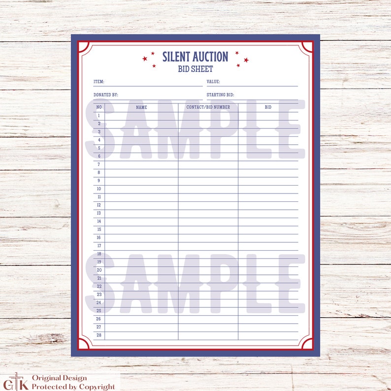 Silent Auction Bid Sheet | Silent Auction Sheet | Auction Bid Cards ...