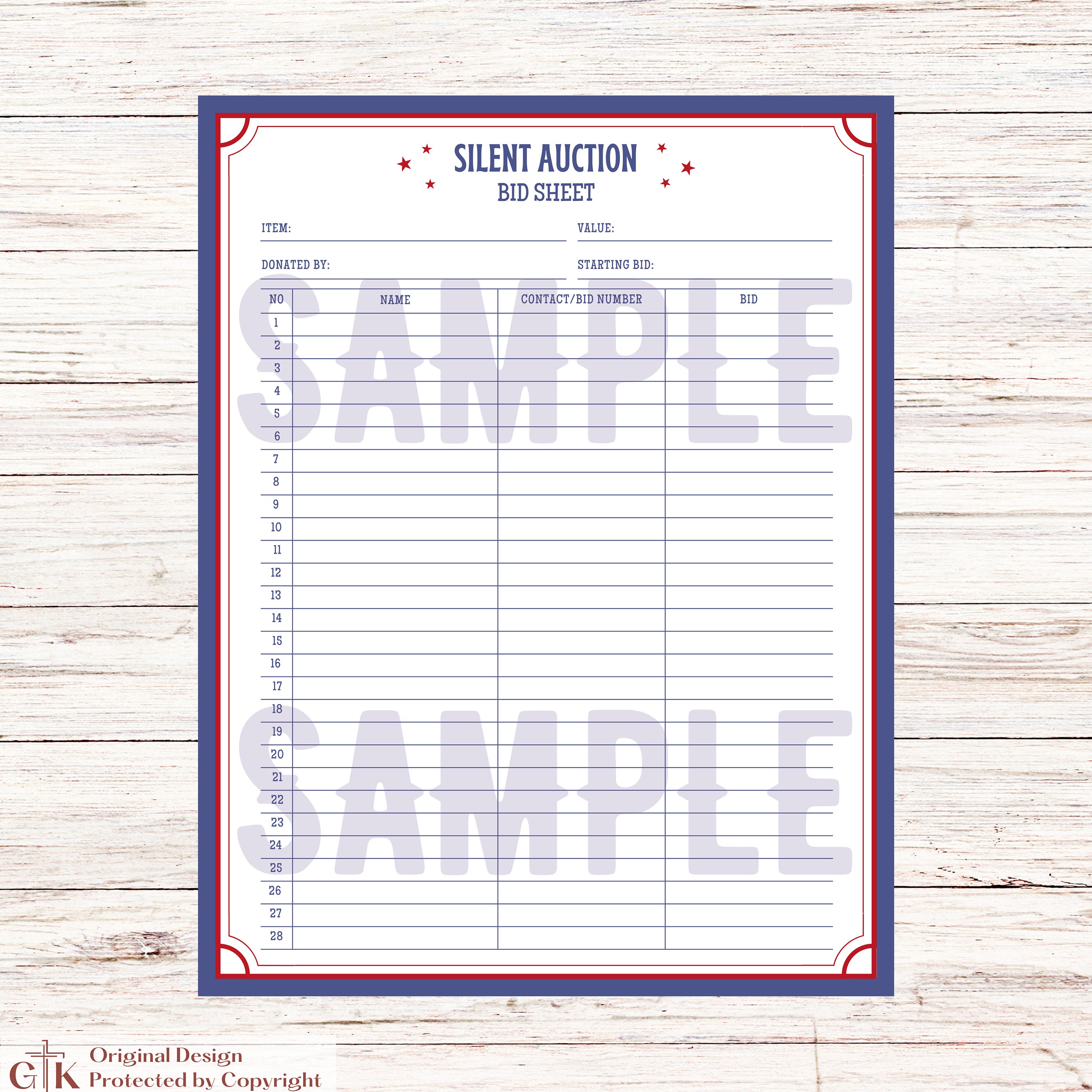Silent Auction Bid Sheet | Silent Auction Sheet | Auction Bid Cards ...