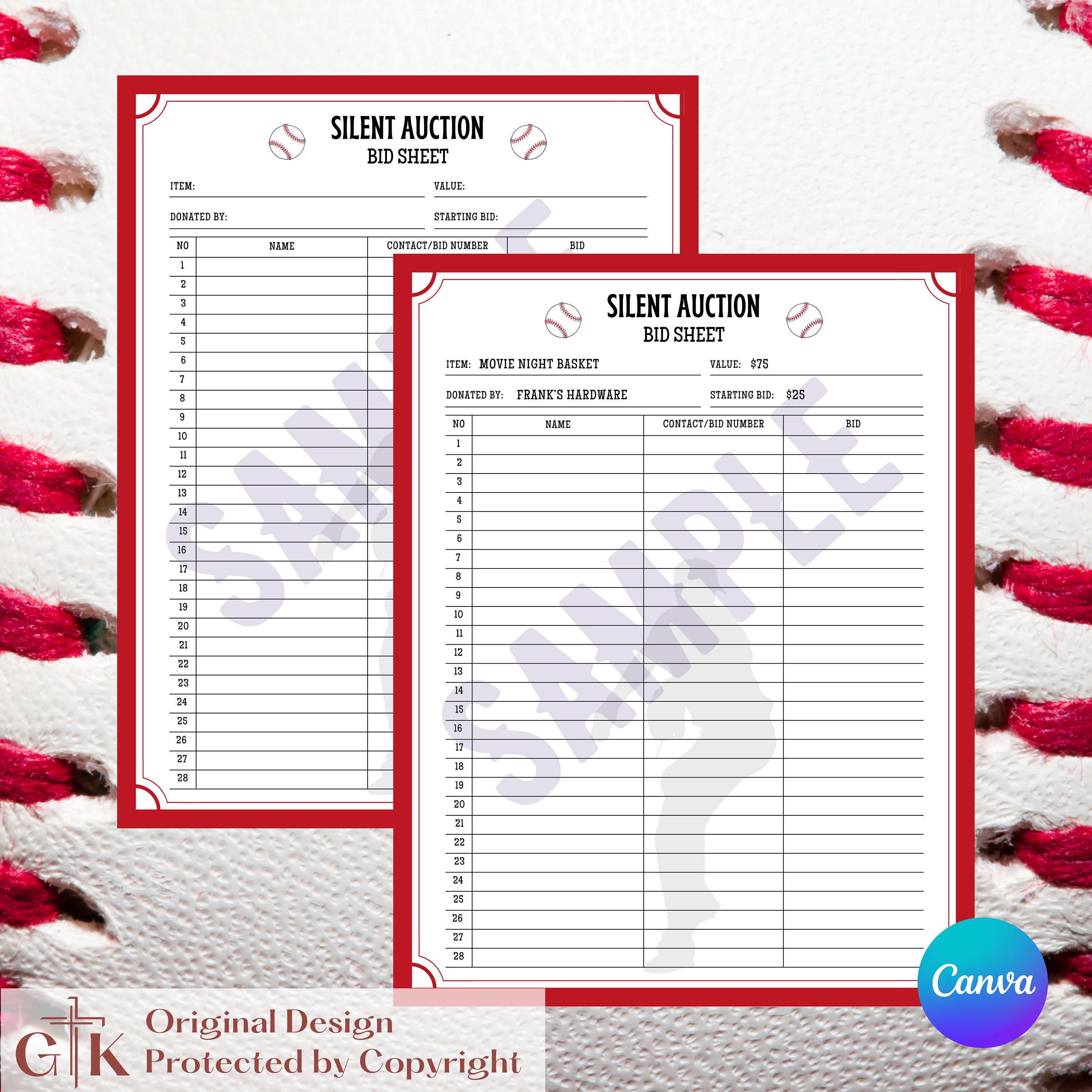 Baseball Silent Auction Bid Sheet | Silent Auction Sheet | Auction Bid ...