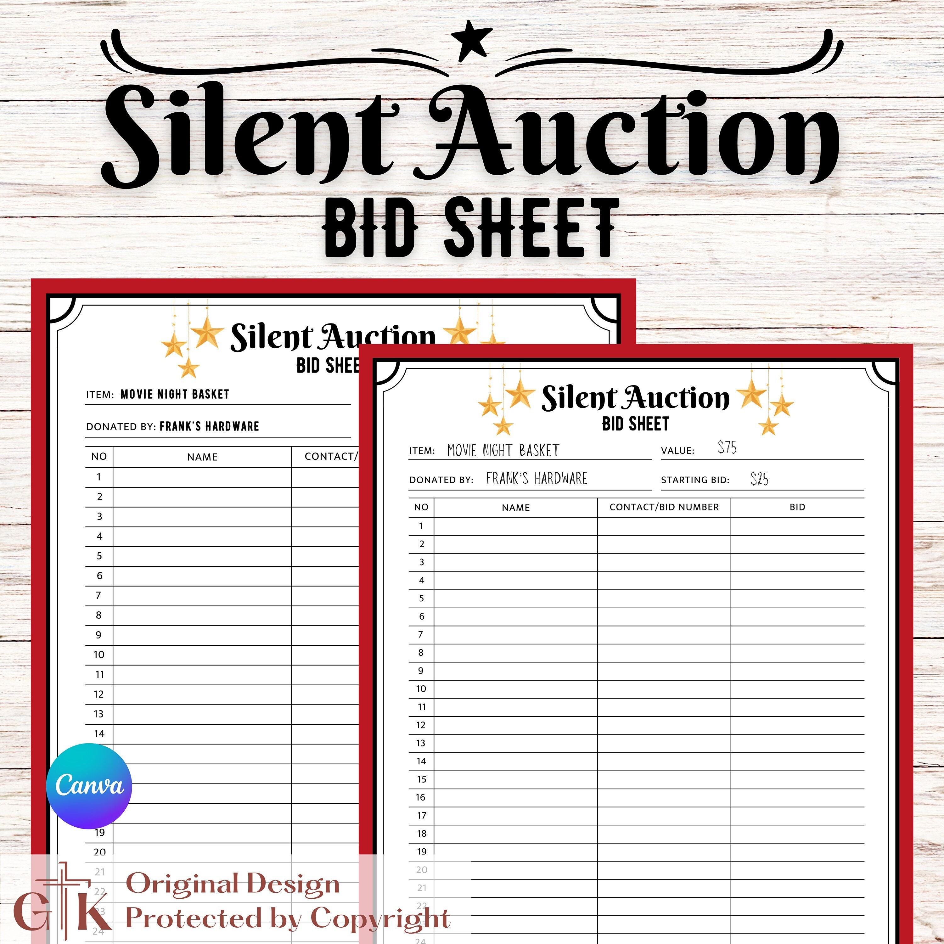 Silent Auction Bid Sheet | Silent Auction Sheet | Auction Bid Cards ...