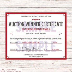 Silent Auction Winner Certificate Template | Auction Item Certificate ...