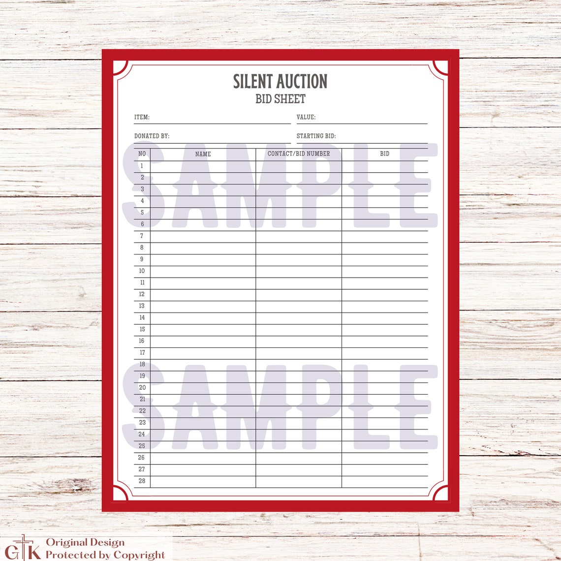 Silent Auction Bid Sheet | Silent Auction Sheet | Auction Bid Cards ...