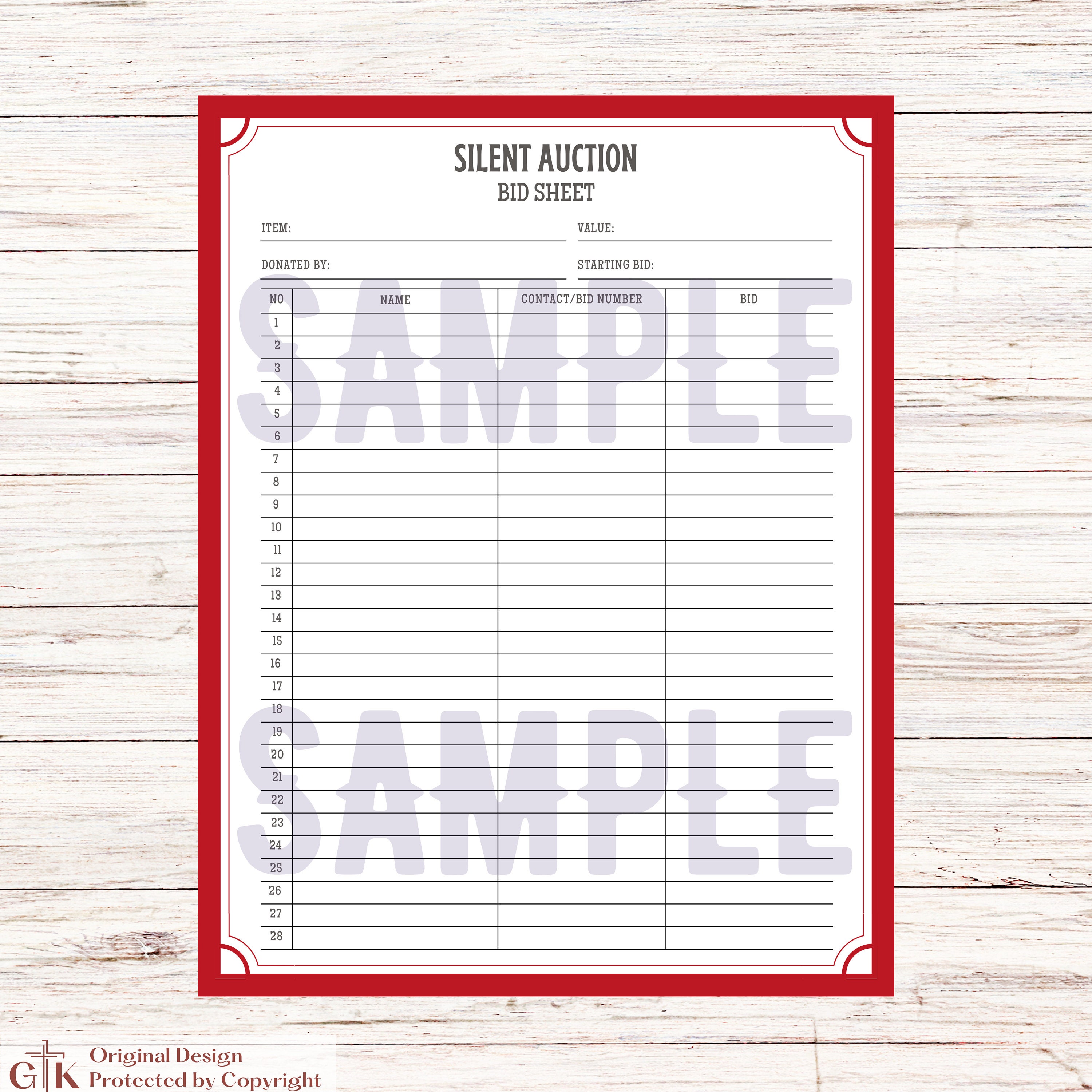 Silent Auction Bid Sheet | Silent Auction Sheet | Auction Bid Cards ...