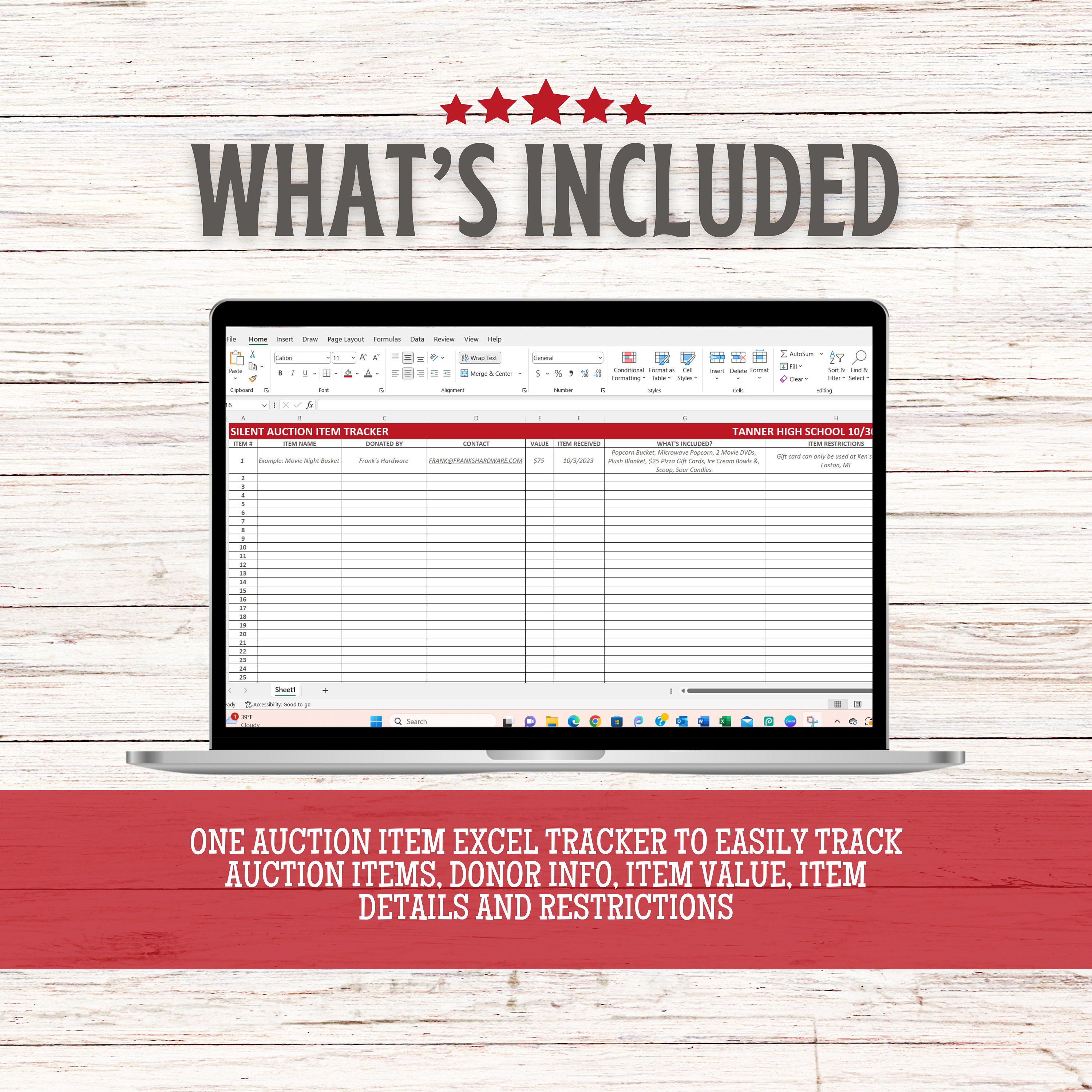 Auction Item Tracker | Silent Auction Item Spreadsheet | Silent Auction Item Excel Sheet ...