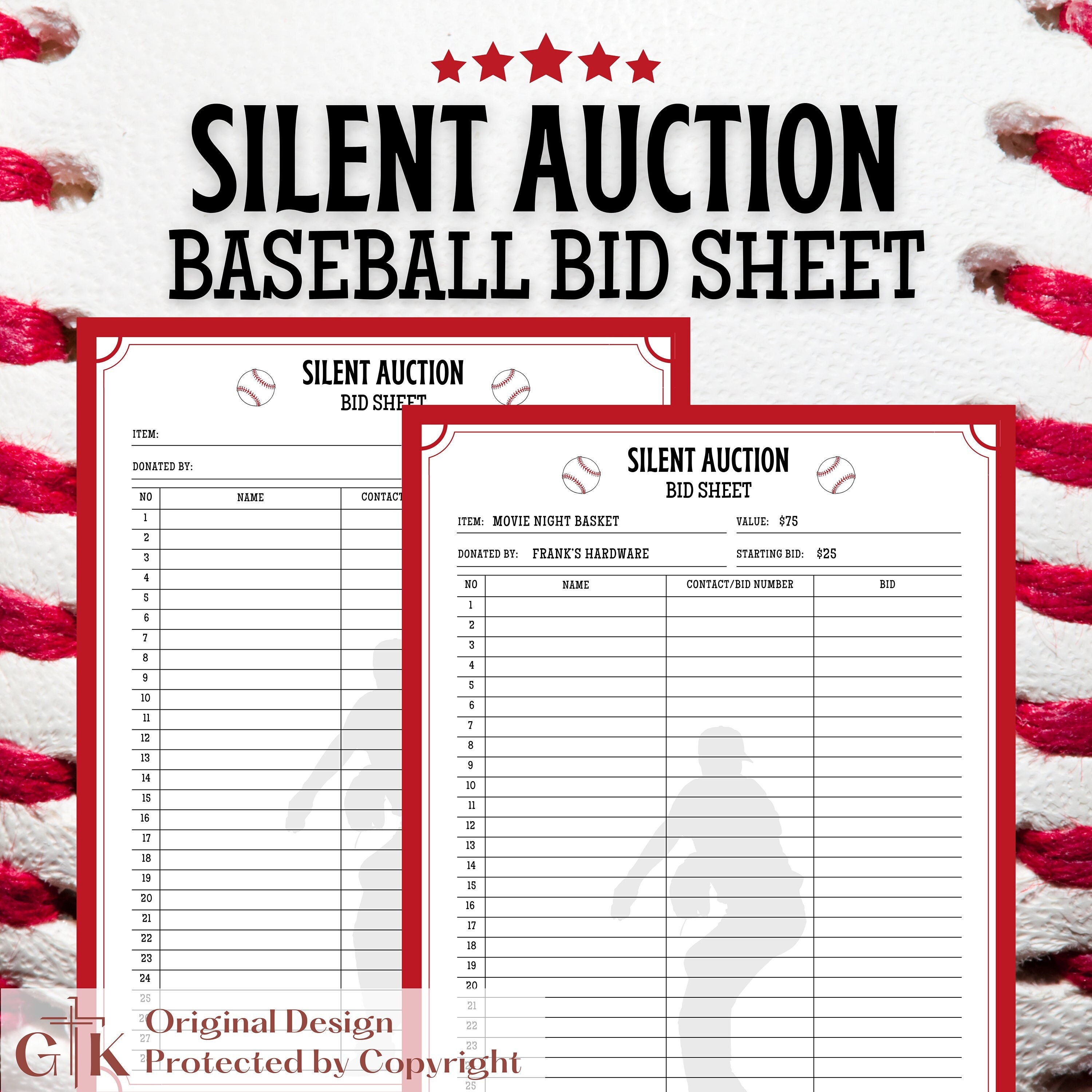 Baseball Silent Auction Bid Sheet | Silent Auction Sheet | Auction Bid ...