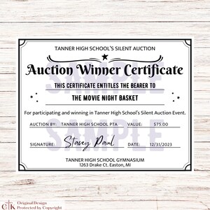 Silent Auction Winner Certificate Template | Auction Item Certificate ...