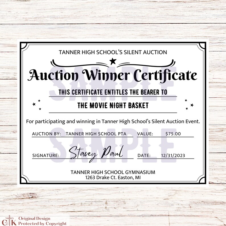 Silent Auction Winner Certificate Template | Auction Item Certificate ...