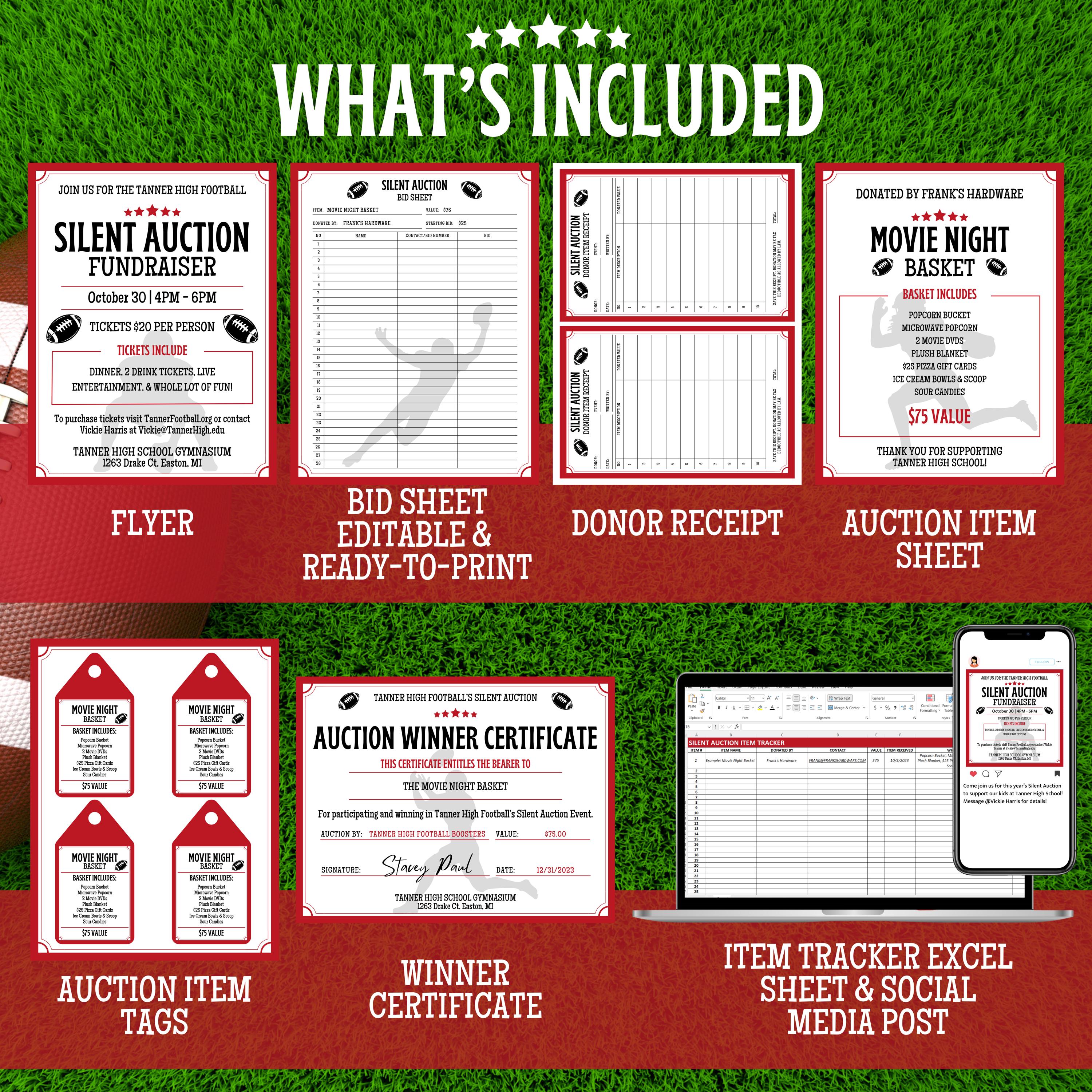 Football Silent Auction Editable Forms | Silent Auction Bid Sheet ...