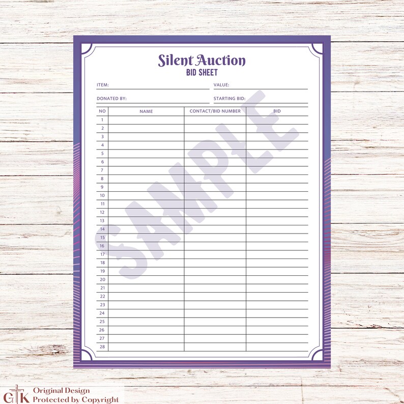 Silent Auction Bid Sheet | Silent Auction Sheet | Auction Bid Cards ...