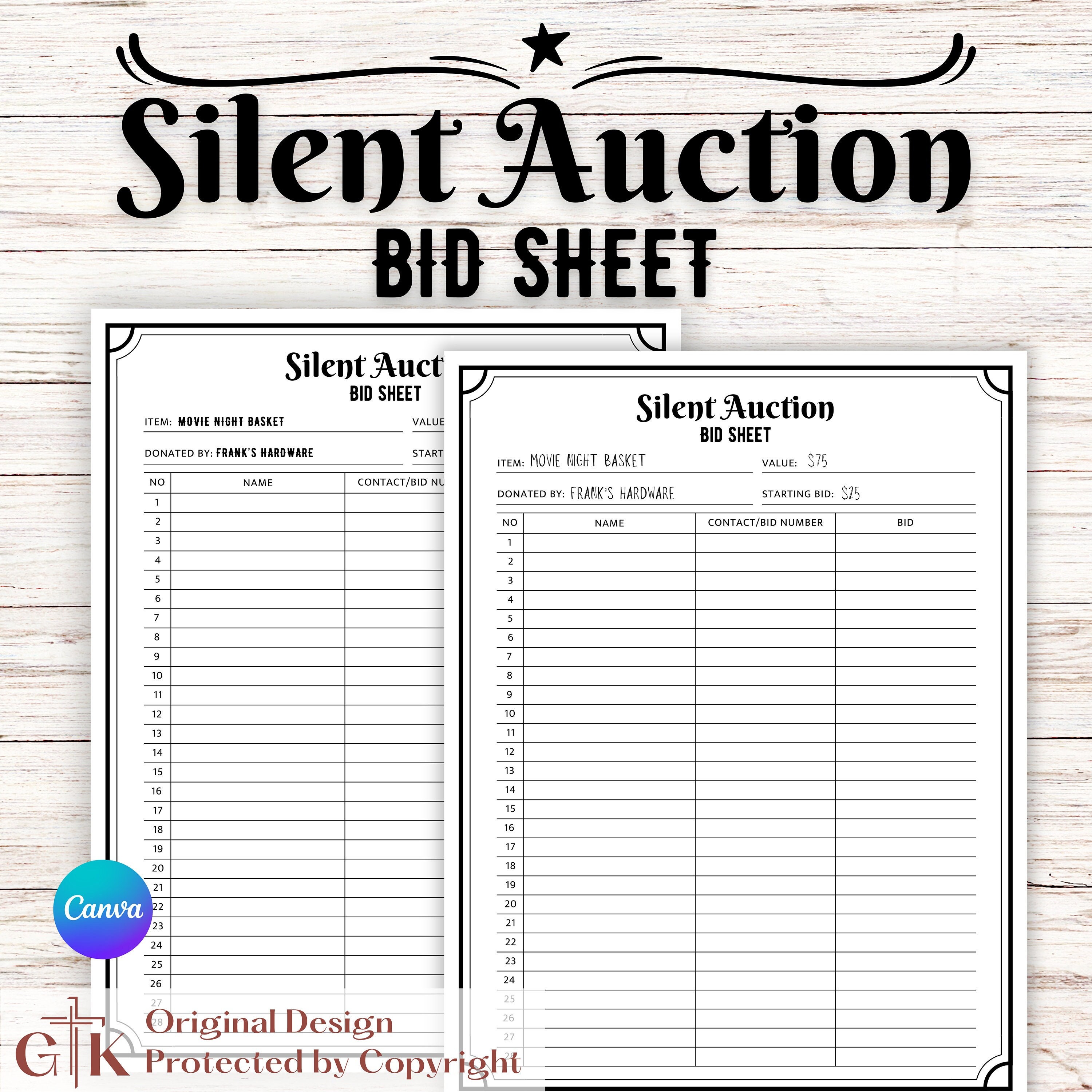 Silent Auction Bid Sheet | Silent Auction Sheet | Auction Bid Cards ...