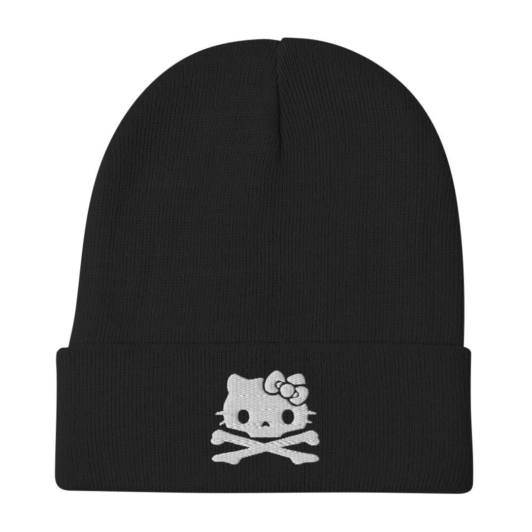 Hello Kitty Skull Goth Embroidered Beanie, Y2k, Tiktok, Emo, Scenecore ...