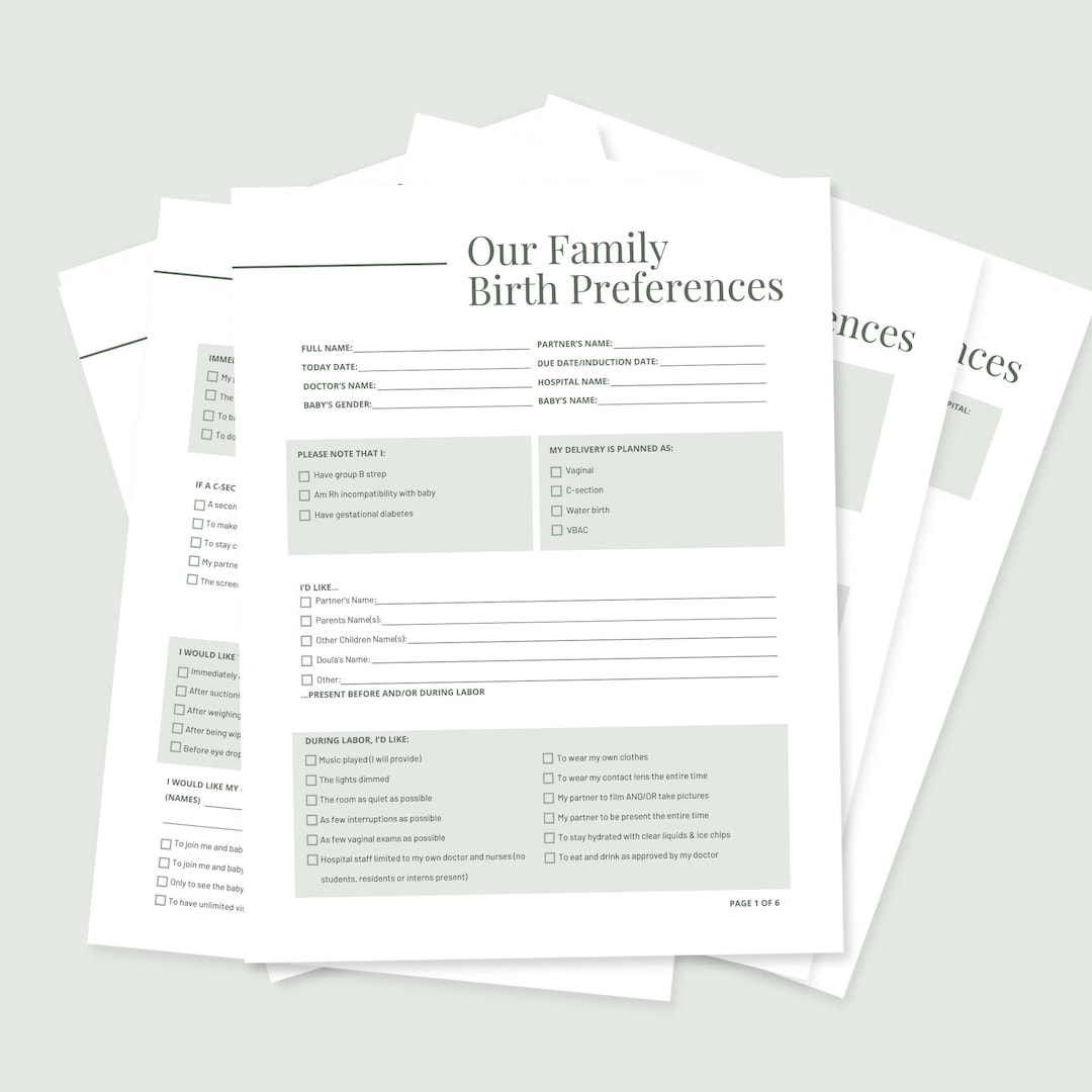 Six Page Digital Birth Preference/birth Plan Template for Labor ...