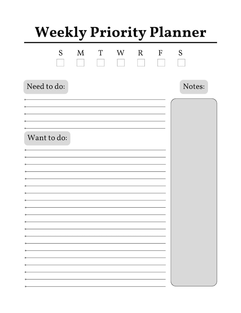 Printable Weekly Priority Planner Sheet -- Simple Design - Etsy