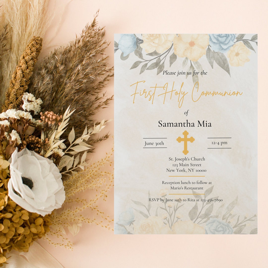 Editable Light Floral Communion Invite Neutral First Holy Communion ...