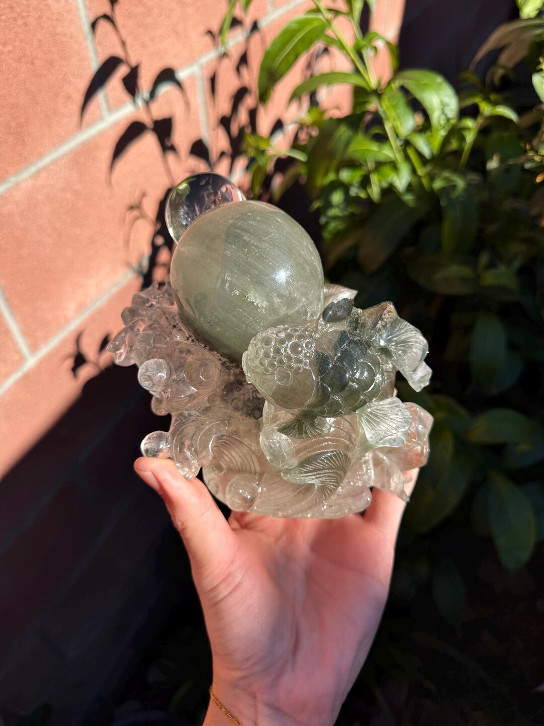 Garden Quartz Fish Crystal Carving W/ 1000 Layer Green Amphibole Sphere ...