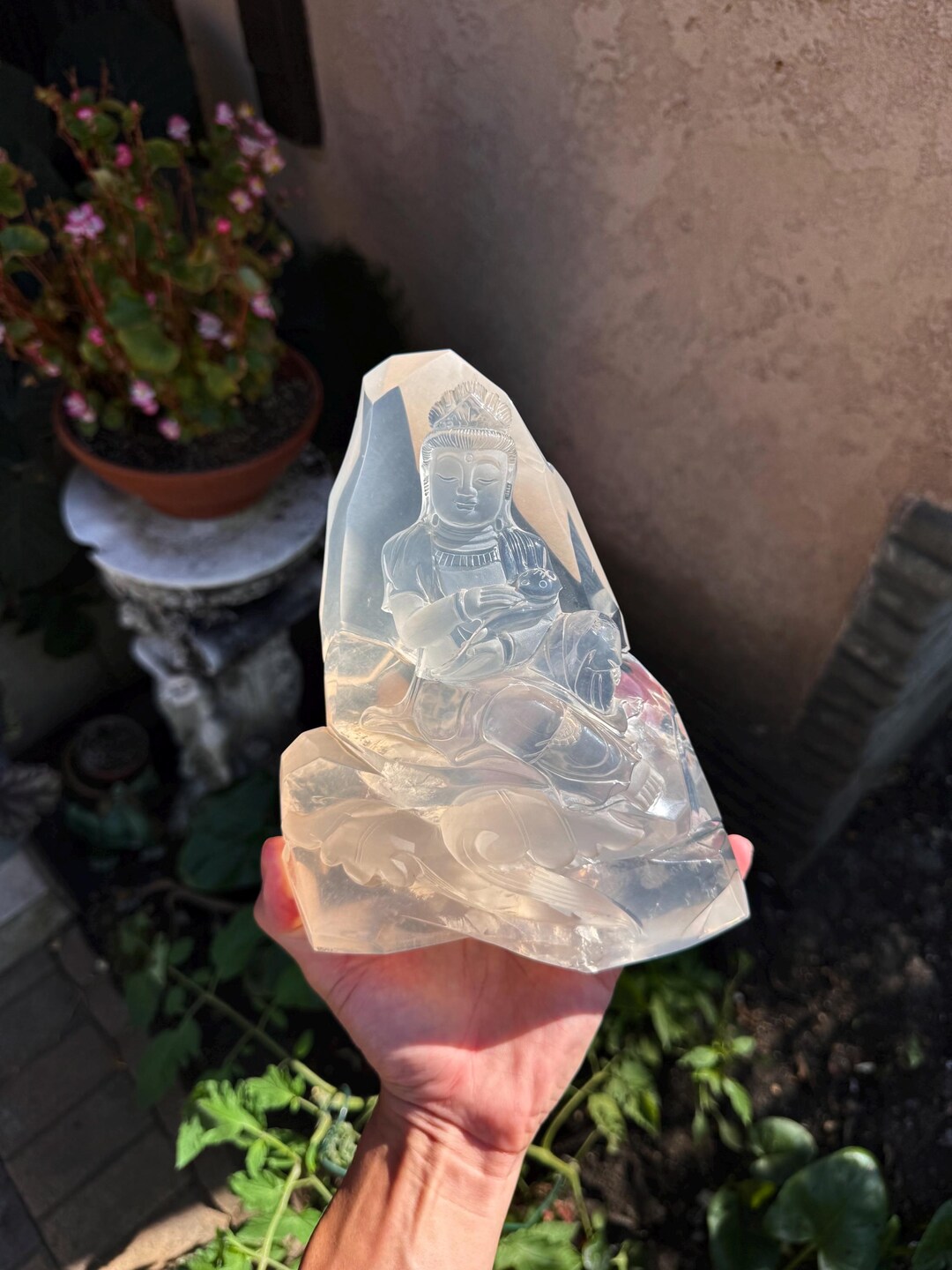 Girasol Rose Quartz Guan Yin Statue - Gem Grade (5.8lbs) W/ Wooden ...