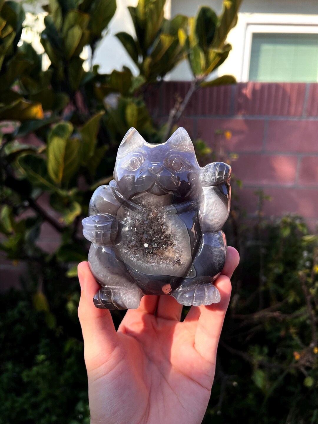 Lucky Cat - Duzy Agate W/ Quartz Crystal Carving - High Grade (1.6lbs ...