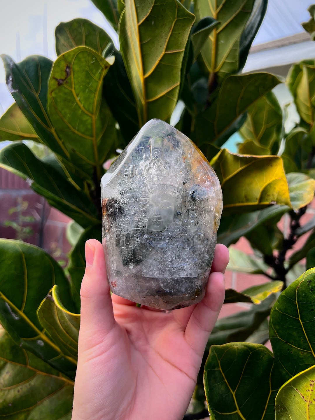 River Quartz Guan Yin Carving W/ Chlorite & Elestial Formations ( 1 ...