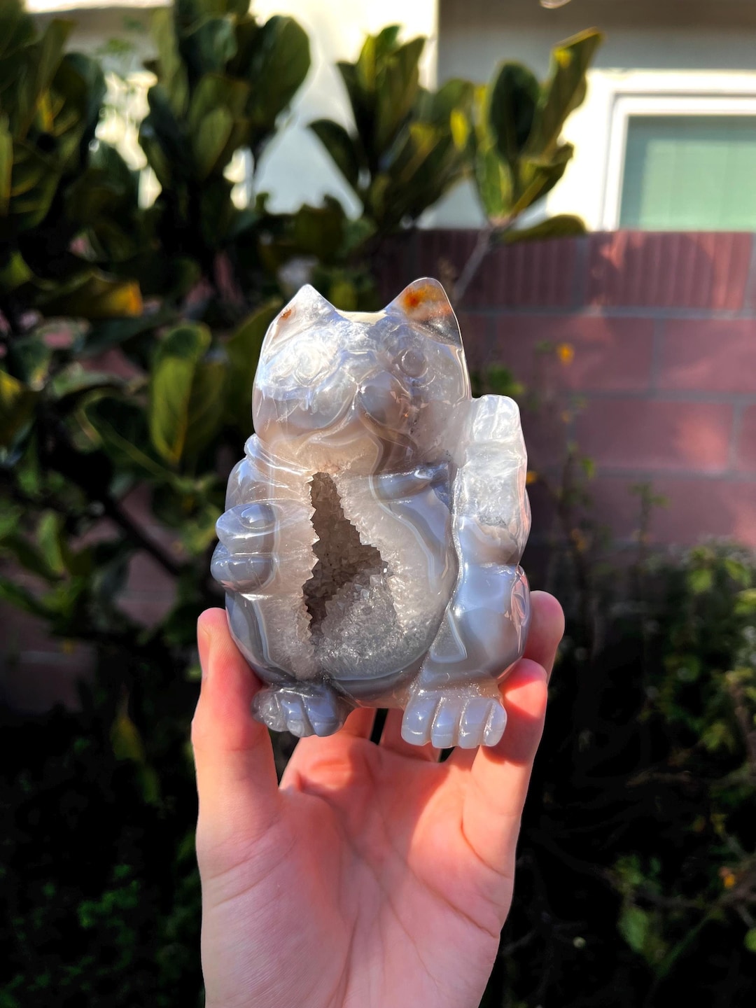 Lucky Cat - Duzy Agate W/ Quartz Crystal Carving - High Grade (1.6lbs ...