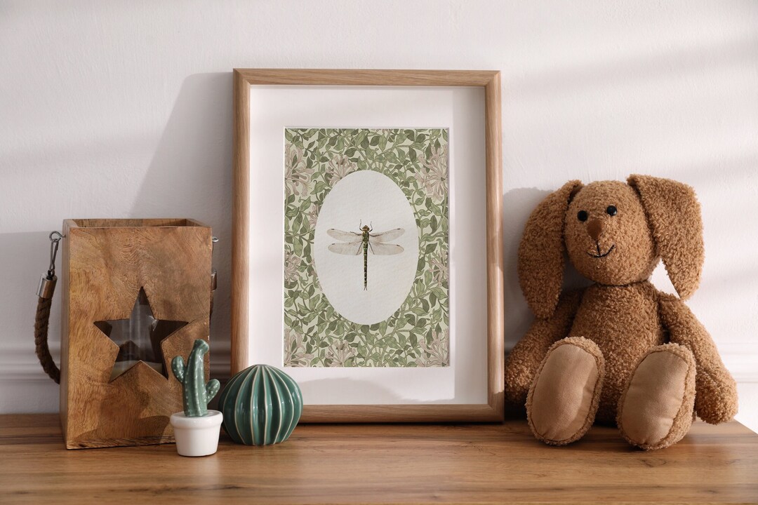 Oval Floral Print, Vintage Dragonfly Art, Spring Meadow Painting ...