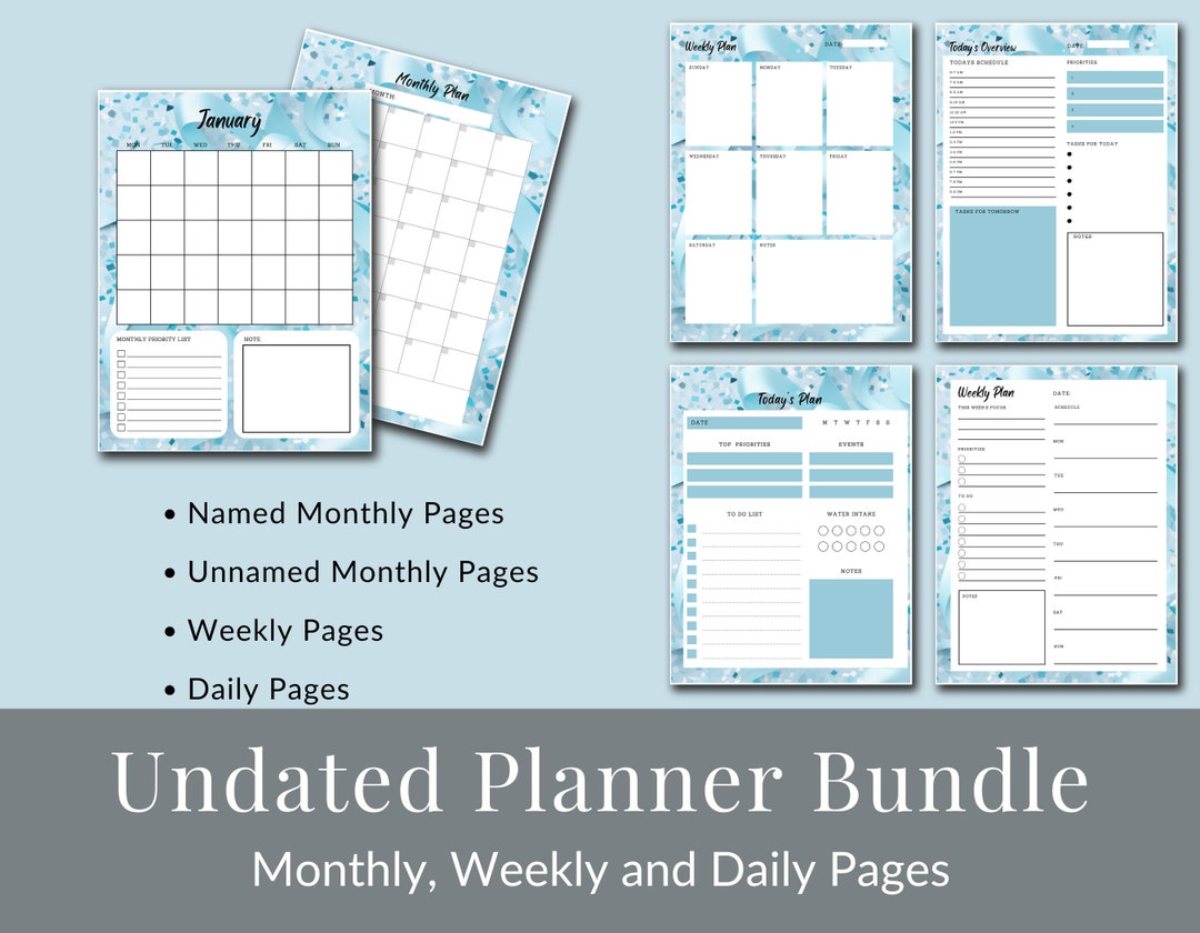 Versatile Blue Ribbon Undated Digital Planner With Monthly, Weekly, and ...