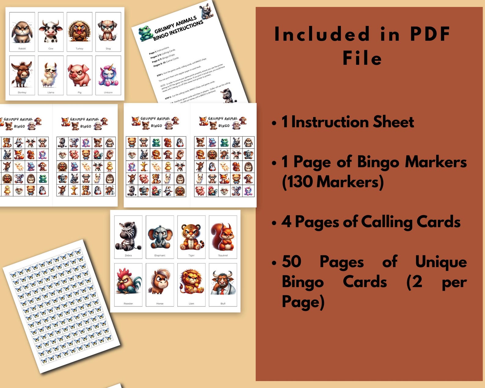 Grumpy Animals Bingo Game - 50 Unique Digital Cards for Family Game ...