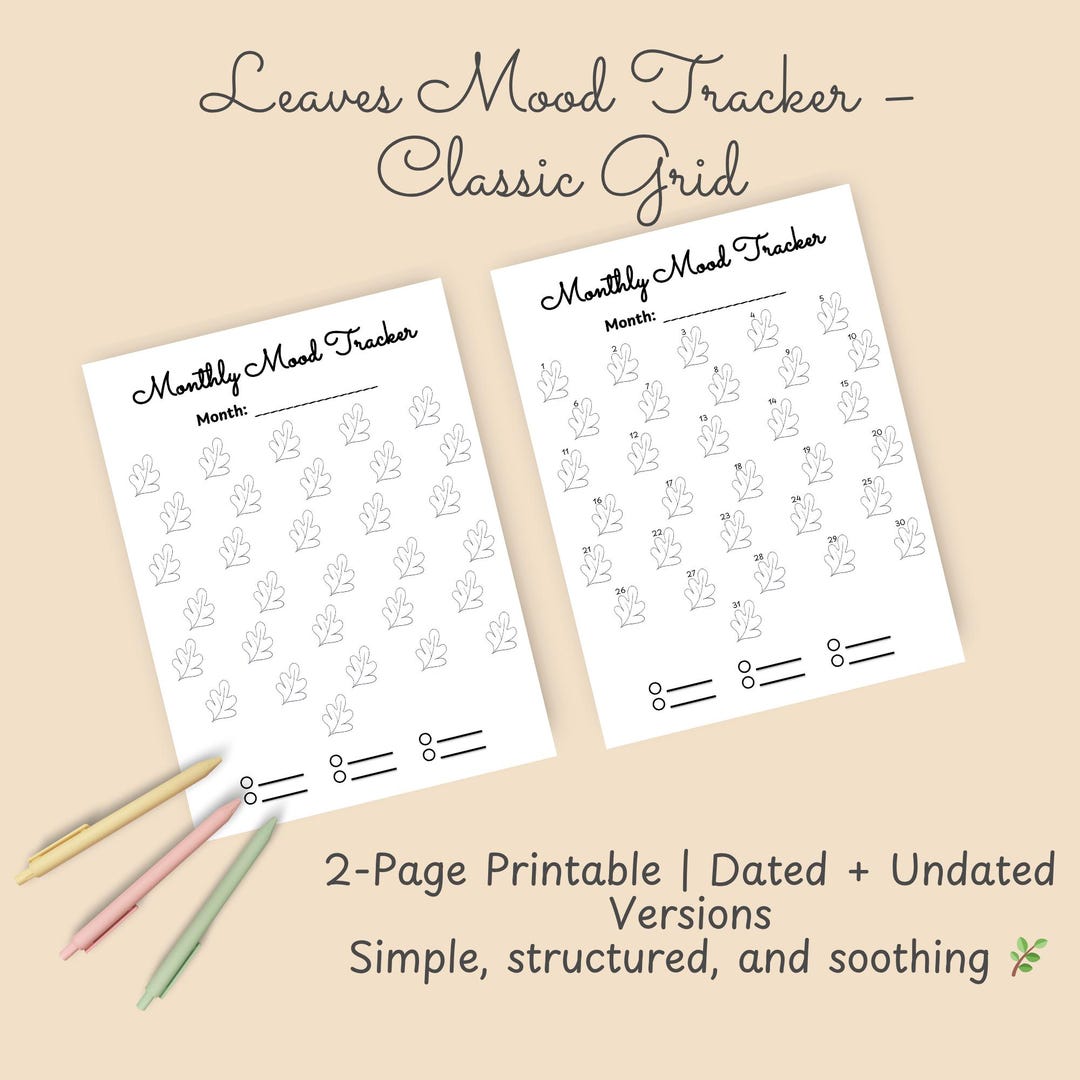 Leaves Mood Tracker Printable | Classic Grid | 2-page PDF | Monthly ...