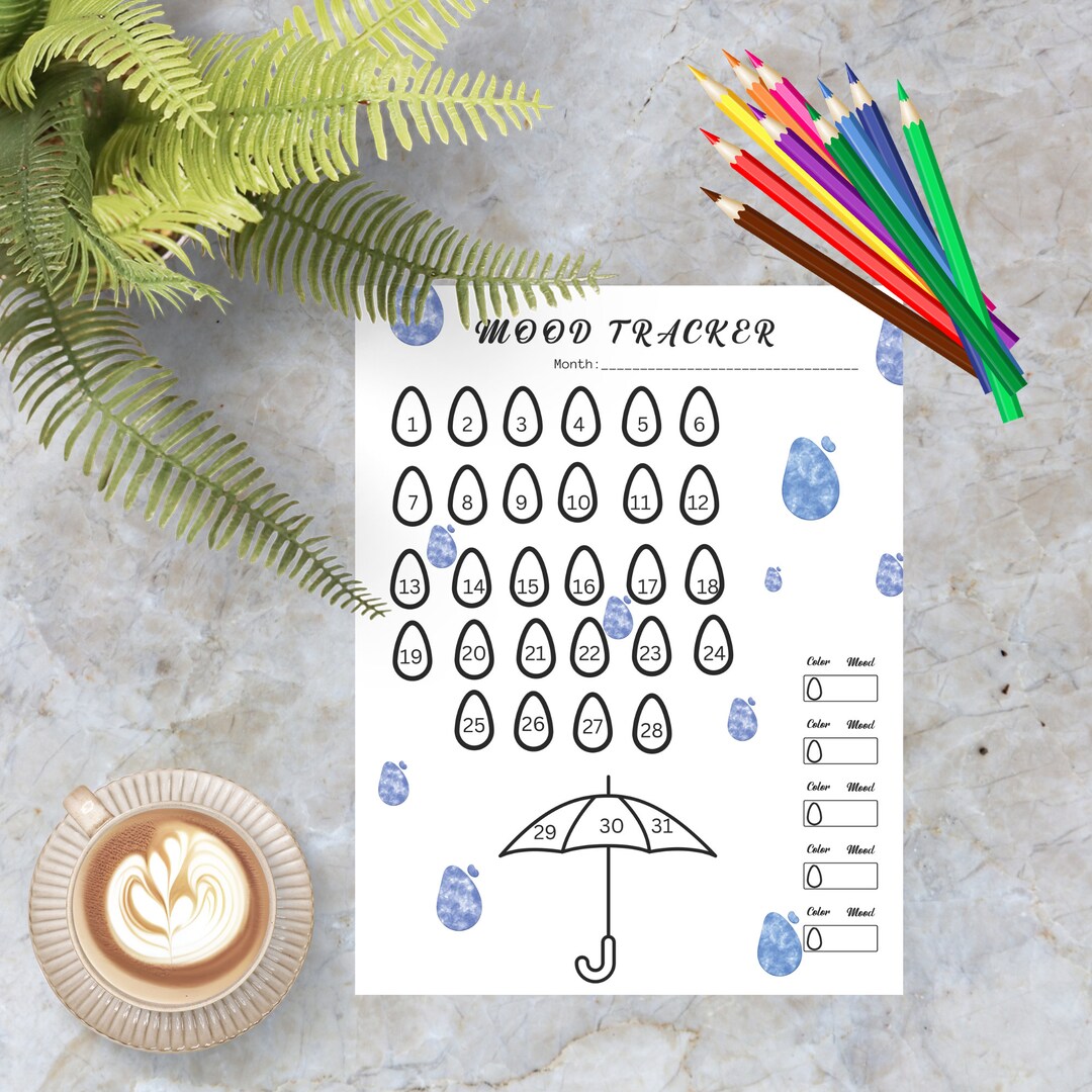 Monthly Mood Tracker, Bipolar Mood Tracker, Raindrops Mood Tracker, Coloring Monthly Mood ...