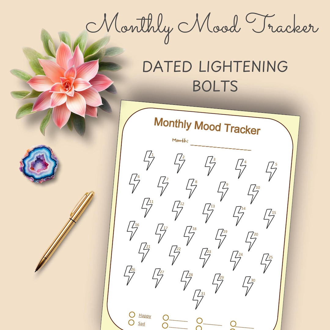 Lightning Bolt Mood Tracker Printable | 31-day Mental Health Journal ...