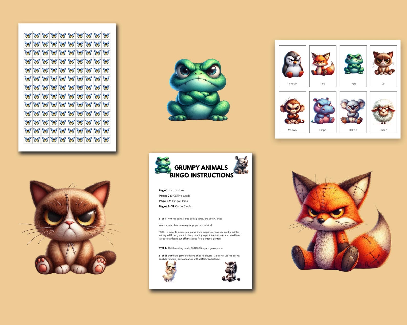 Grumpy Animals Bingo Game - 50 Unique Digital Cards for Family Game ...