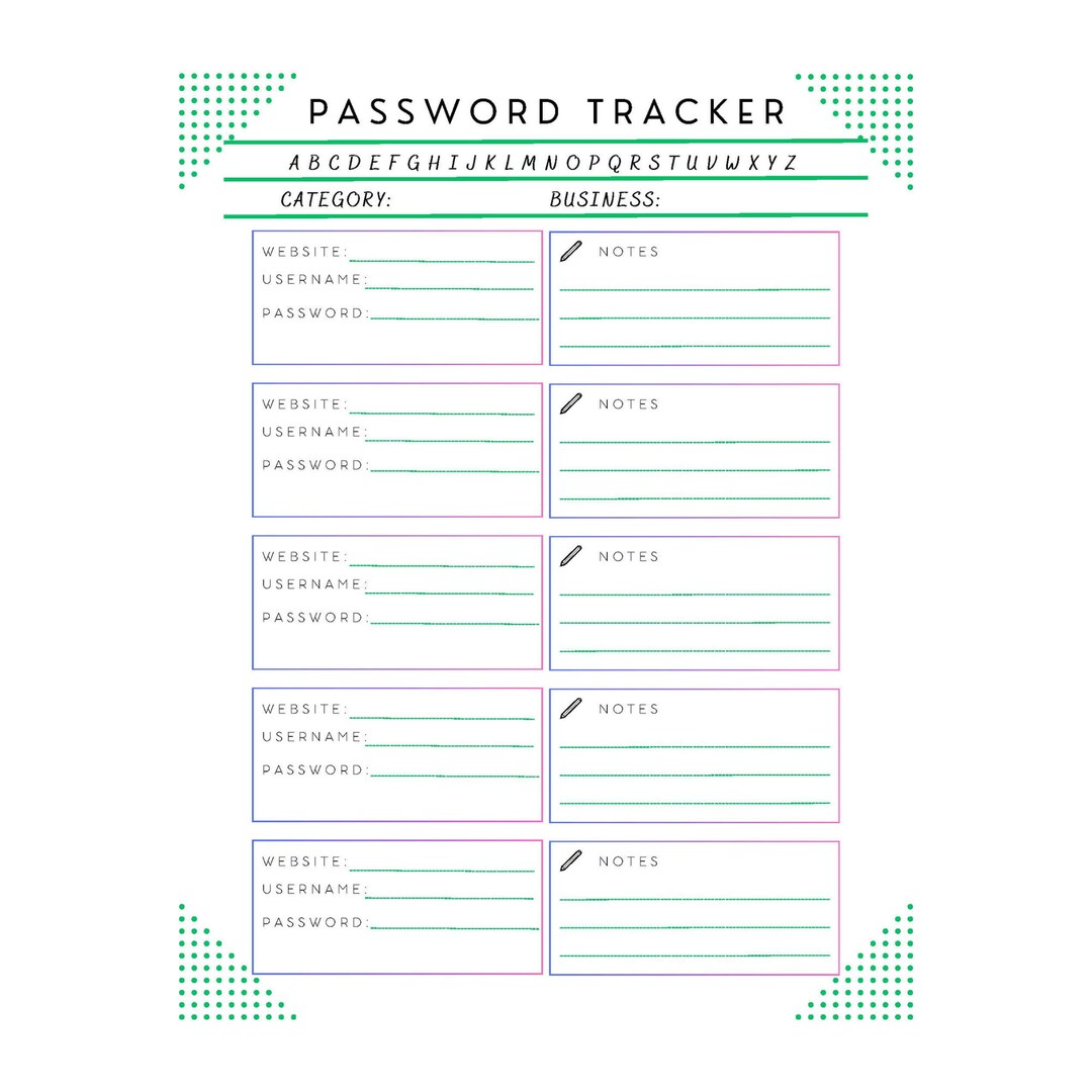 Green Dot Password Tracker, INSTANT DOWNLOAD, Password Tracker for ...