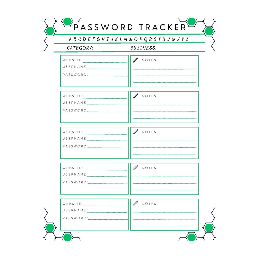 Green Hexagon Password Tracker, INSTANT DOWNLOAD, Password Tracker for ...