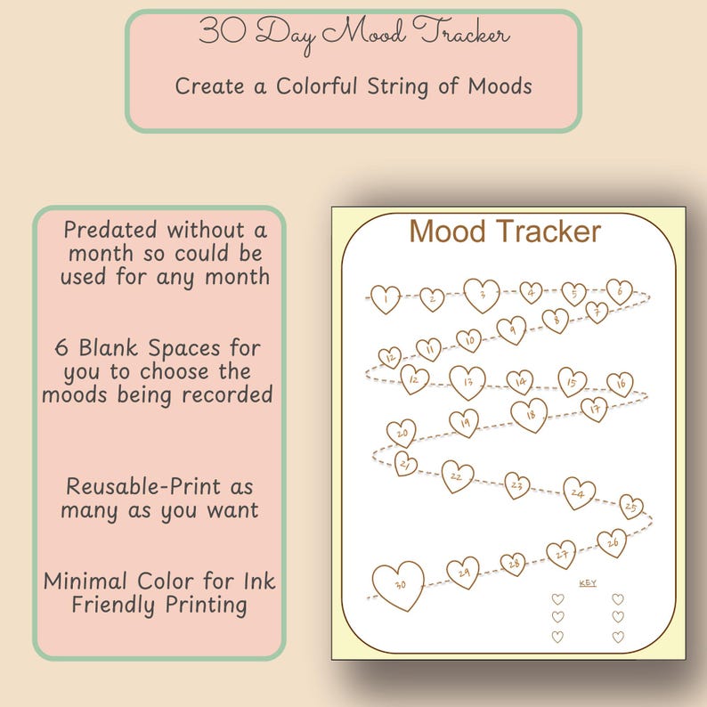 Heart Mood Tracker Printable | 30-day Monthly Mood Tracker | Digital ...
