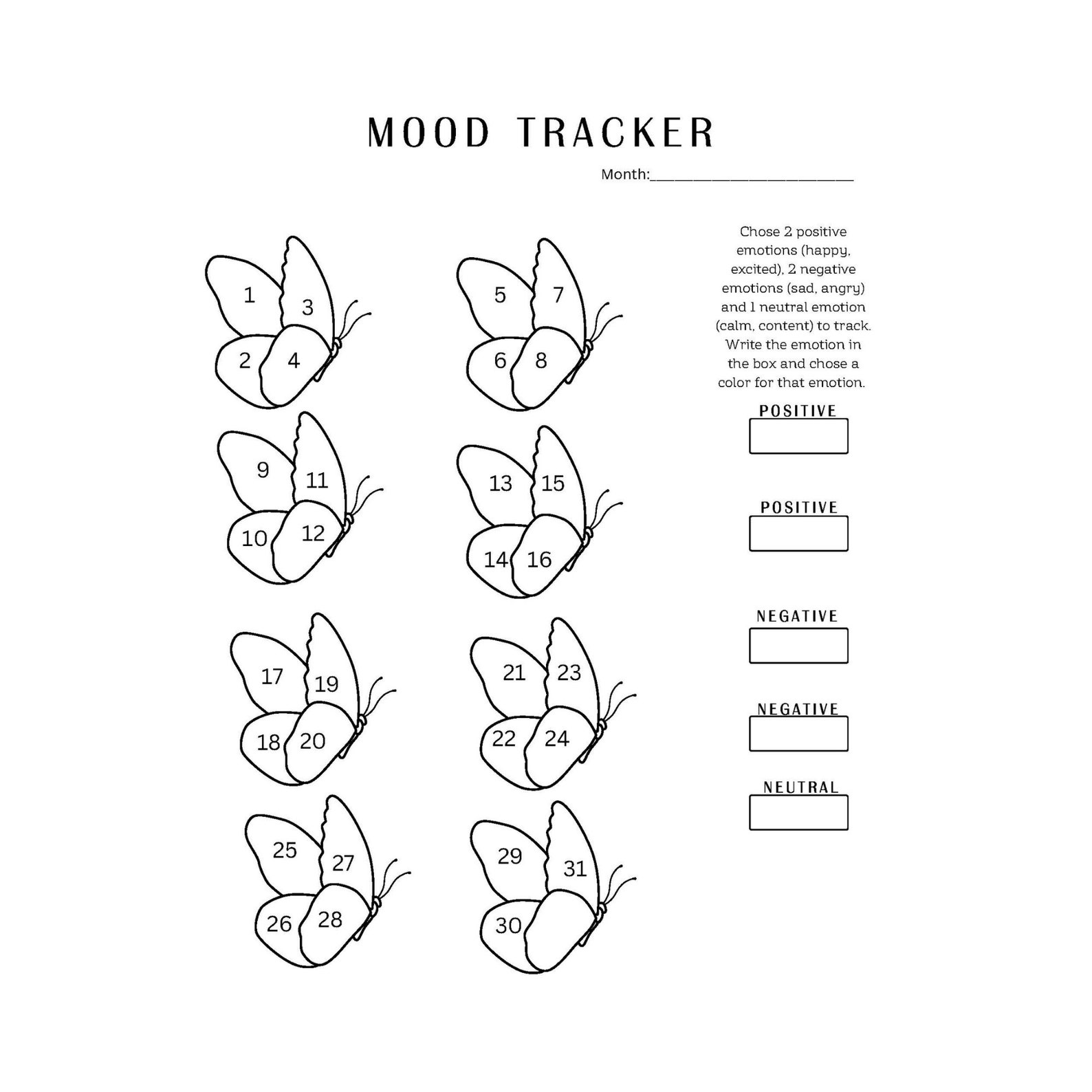 Monthly Mood Tracker, Butterfly Mood Tracker, INSTANT DOWNLOAD, Monthly ...