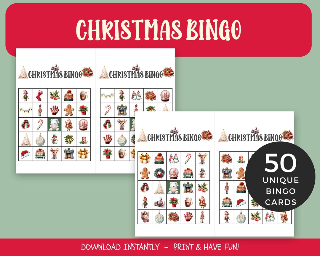 Christmas Bingo Game - 50 Unique Cards for Family Fun - Printable ...